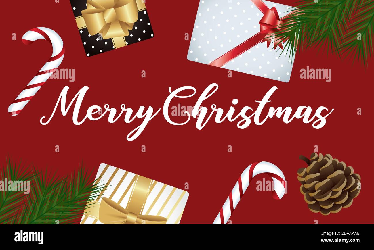 happy merry christmas lettering with sweet canes and gifts vector ...