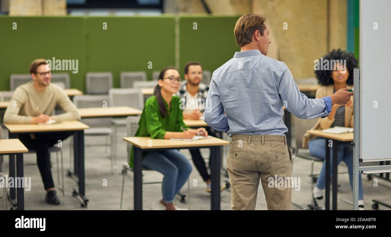 Business education. Rear view of a male business coach or speaker ... Business education. Rear view of a male business coach or speaker ...