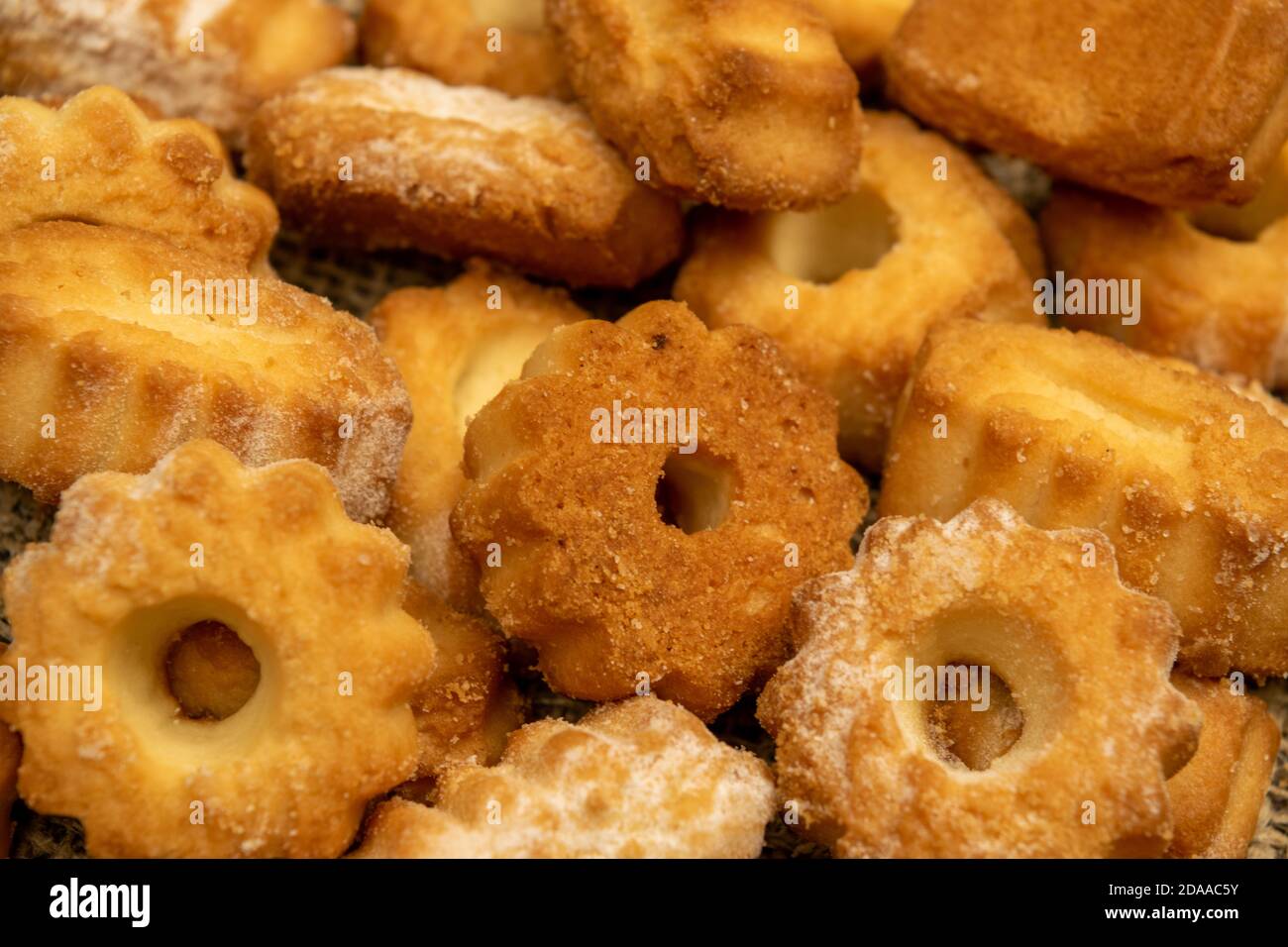 Homemade shortbread cookies on coarse burlap. Close up. Tea party Stock ...