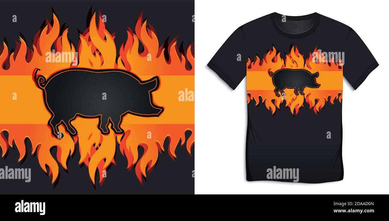 T-shirt graphic design black pig of with burning flames and BBQ pork ...