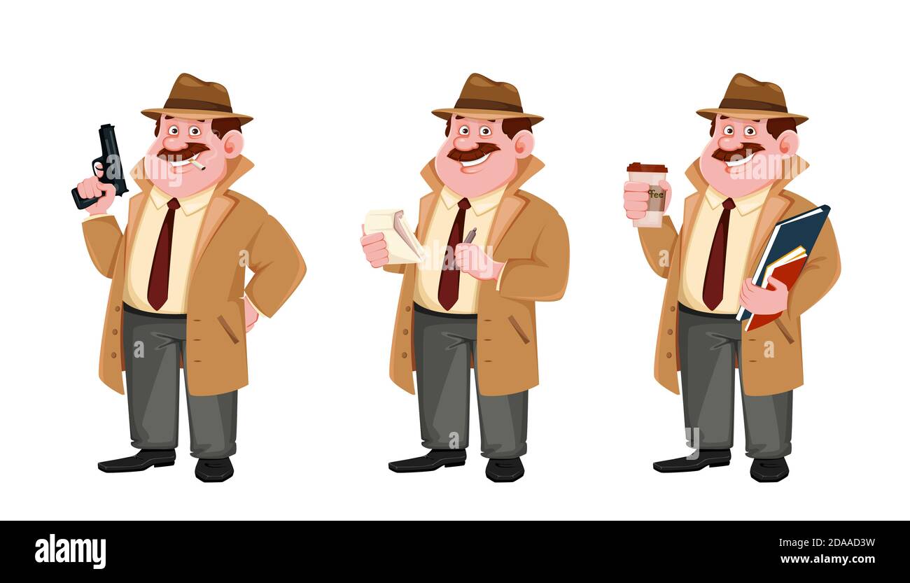 Stock vector detective character, set of three poses. Investigator ...