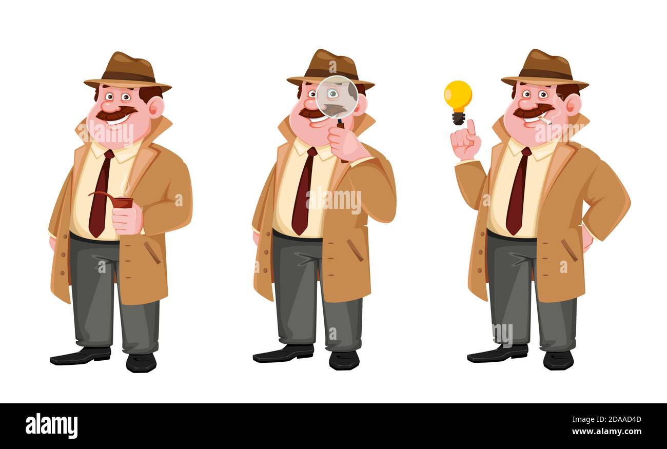 Stock vector detective character, set of three poses. Investigator ...