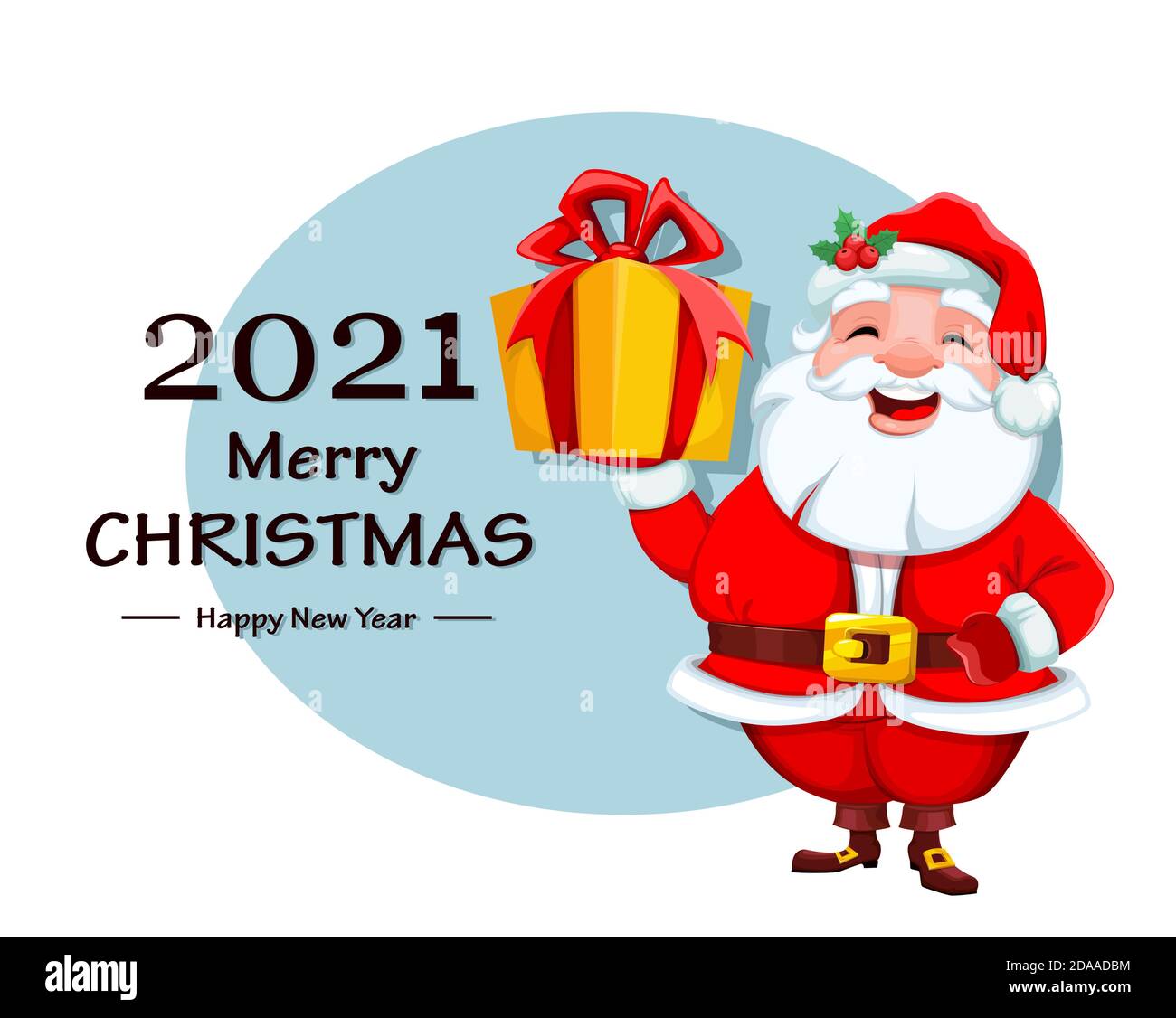 Stock vector greeting card with cheerful Santa Claus holding gift box ...