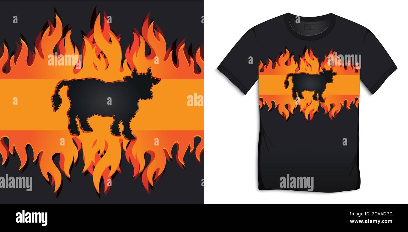 T-shirt graphic design black cow of with burning flames and BBQ beef ...