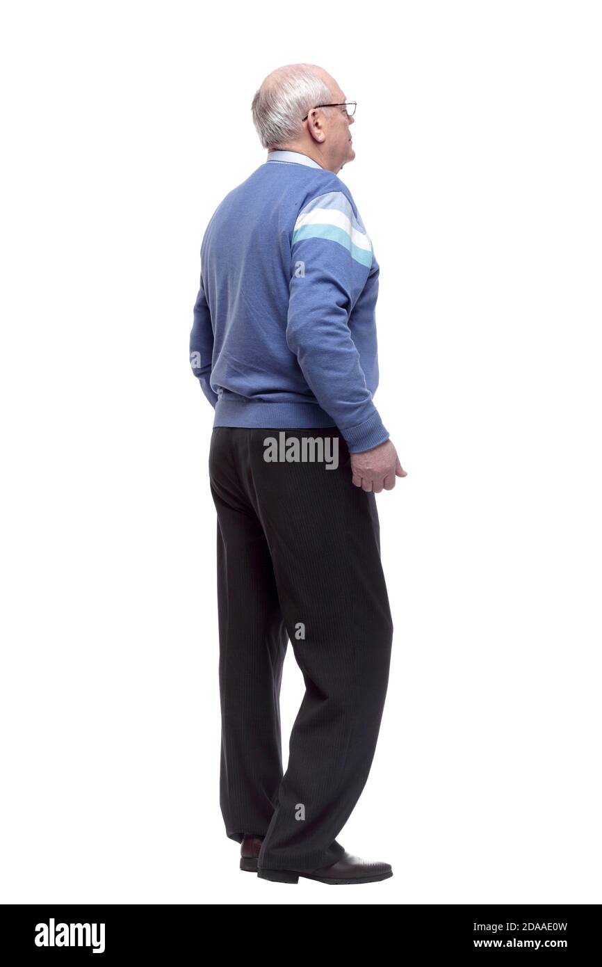 side view. senior man looking closely at the white screen Stock Photo ...