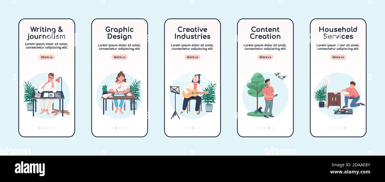 Creative activities onboarding mobile app screen flat vector template ...