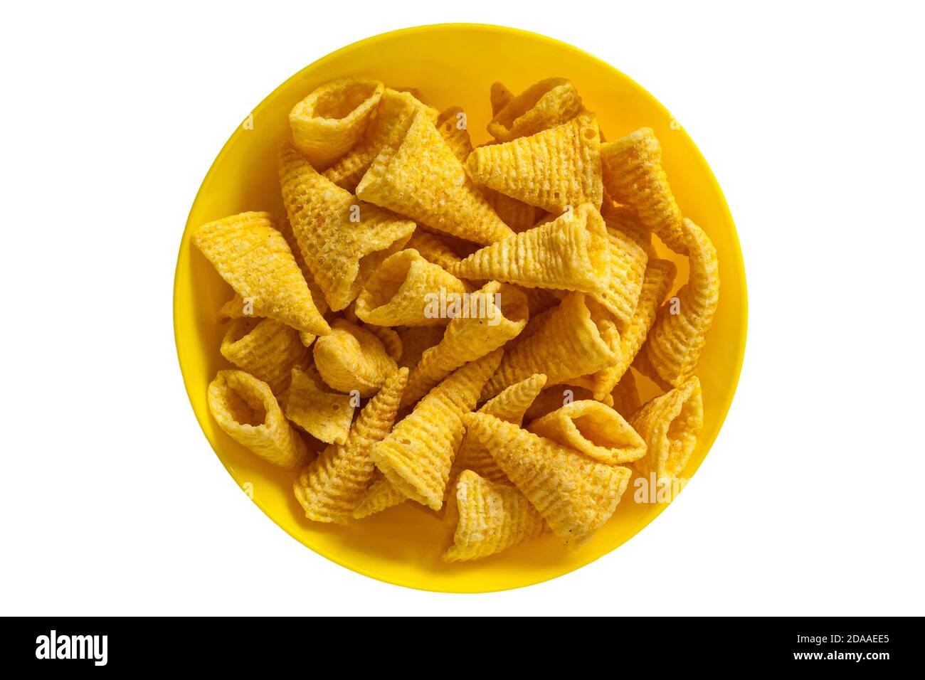 Walkers Bugles cheese flavour corn snack in colourful yellow bowl ...