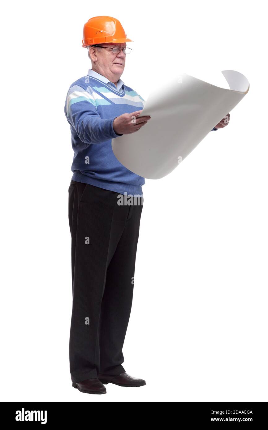 side view. senior engineer with drawings pointing at the white screen ...