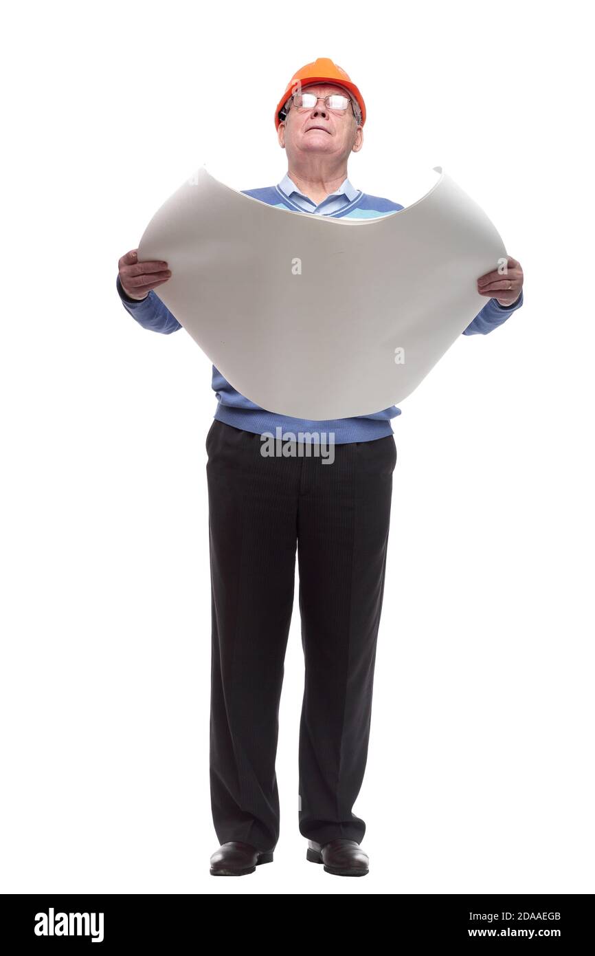 in full growth. experienced senior engineer with drawings Stock Photo ...