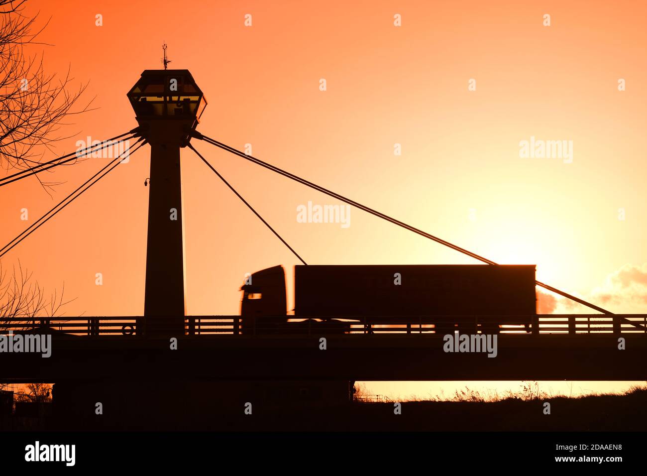 lorry crossing selby swingbridge across the river ouse at sunrise ...