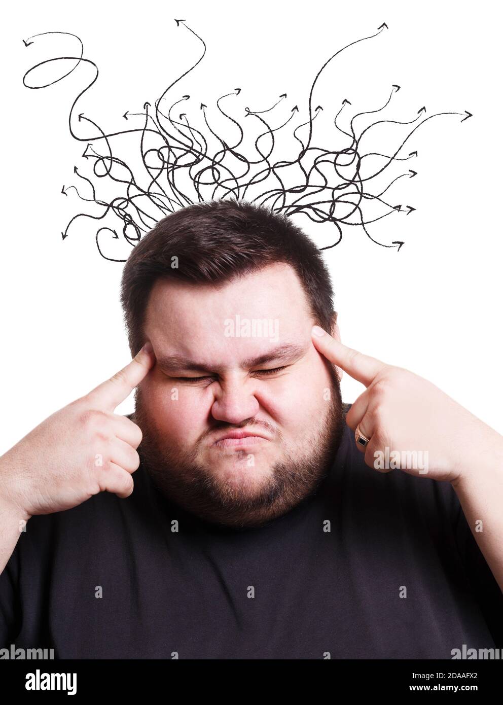 Overweight young guy having trouble making decision, overwhelmed by ...