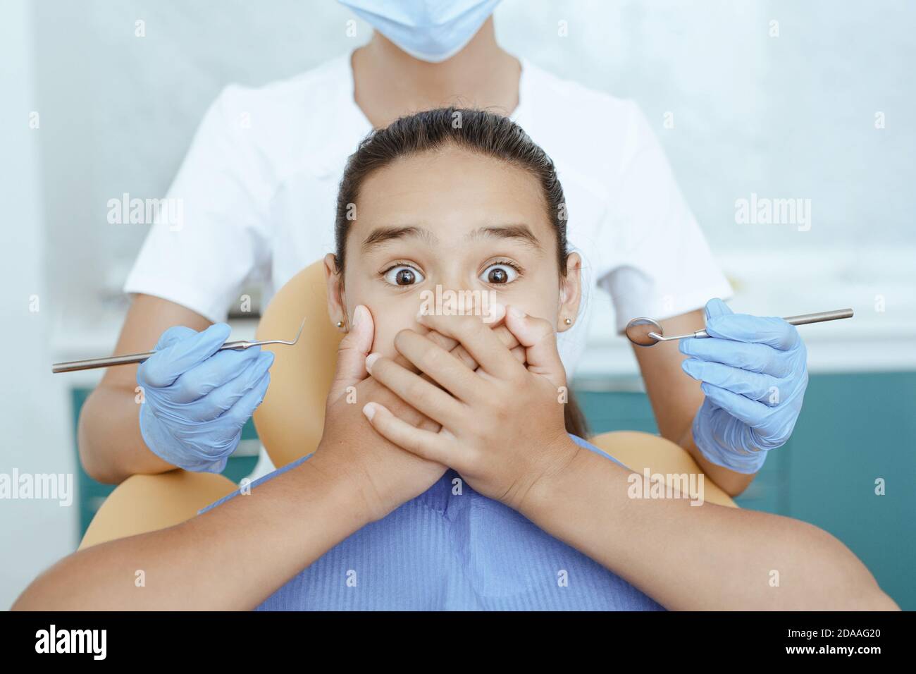 Emotions and fear of dental treatment, examination of teeth and put ...
