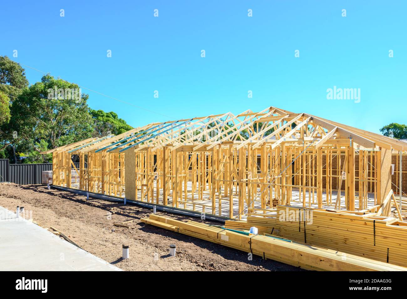 New Australian house timber frame installation process at construction ...