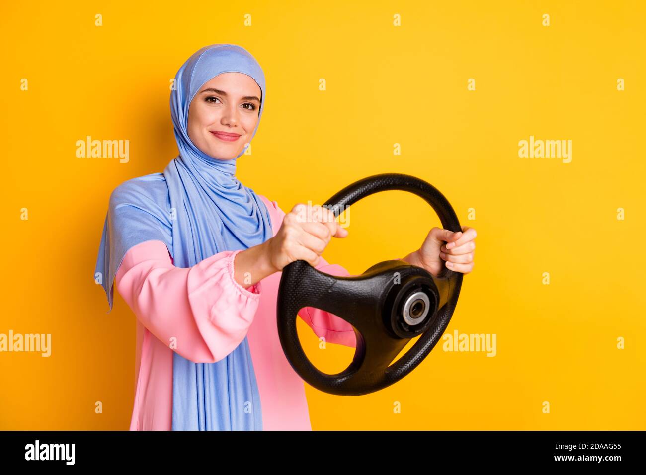 Profile side view portrait of nice content professional cheery muslimah ...