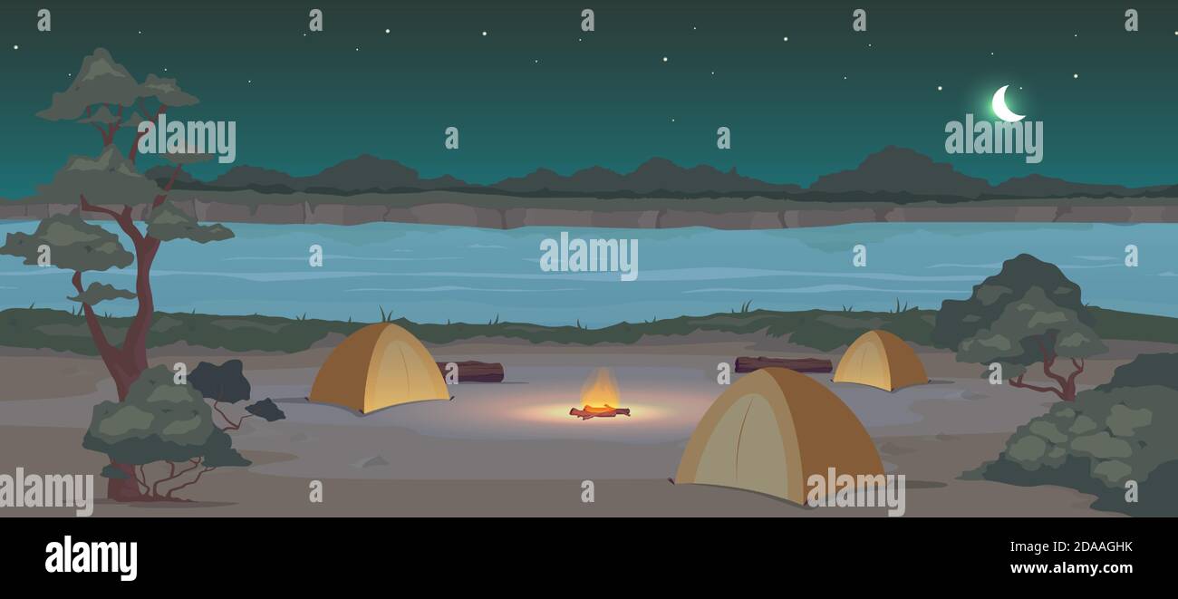 Campground at night flat color vector illustration Stock Vector Image ...