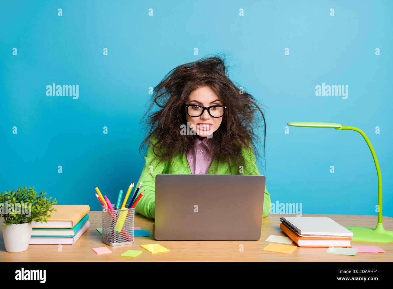 Portrait of her she nice attractive overworked girl working hard ...