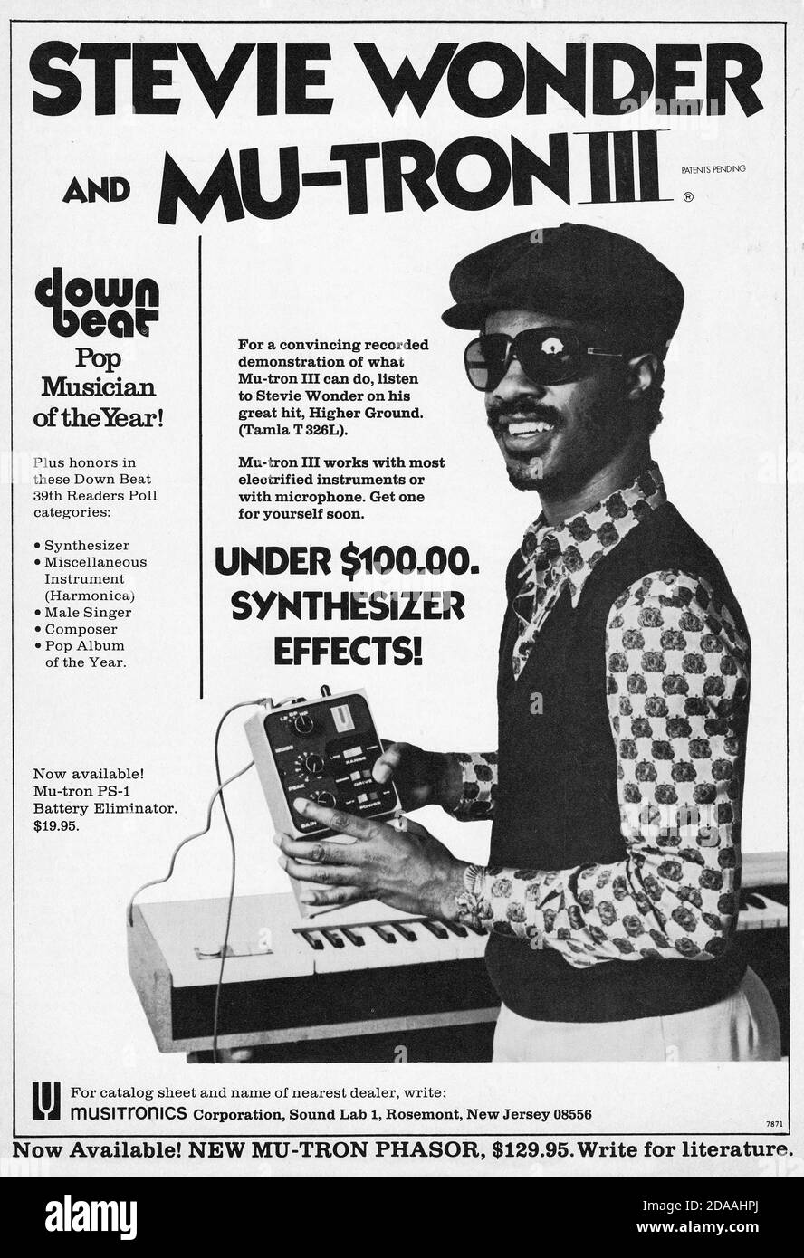 Stevie Wonder in a 1974 music magazine advertisement for the Mu-Tron II ...