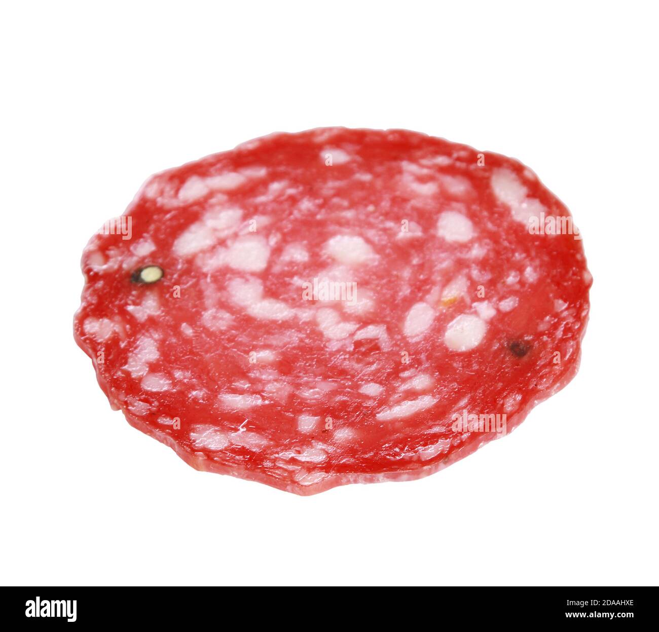 Closeup high angle shot of a salami slice on a white surface Stock ...