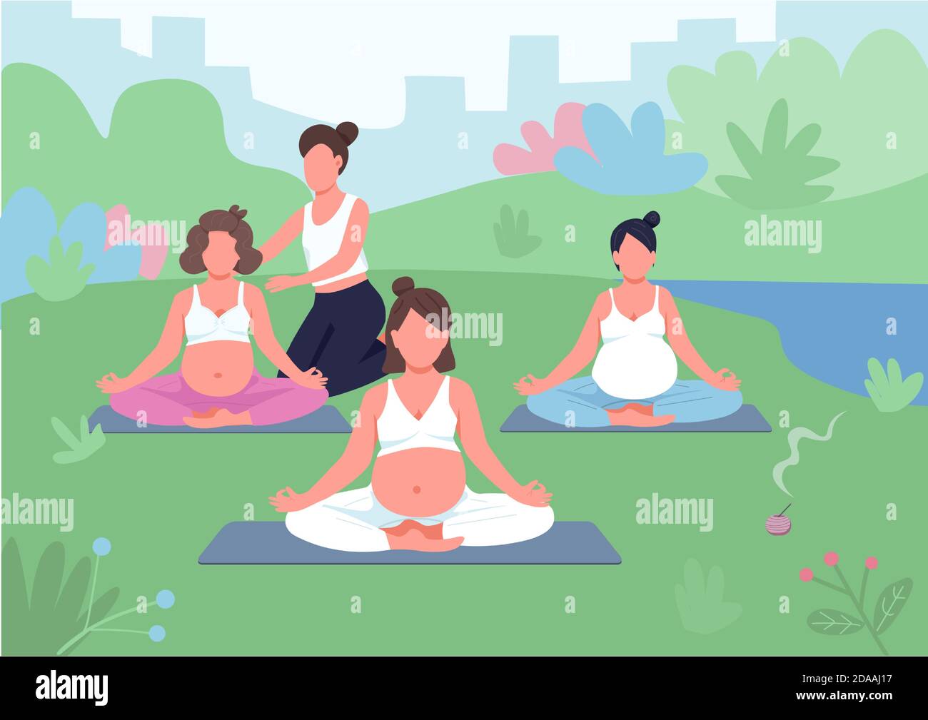 Yoga Class Outdoors Flat Color Vector Illustration Stock Vector Image