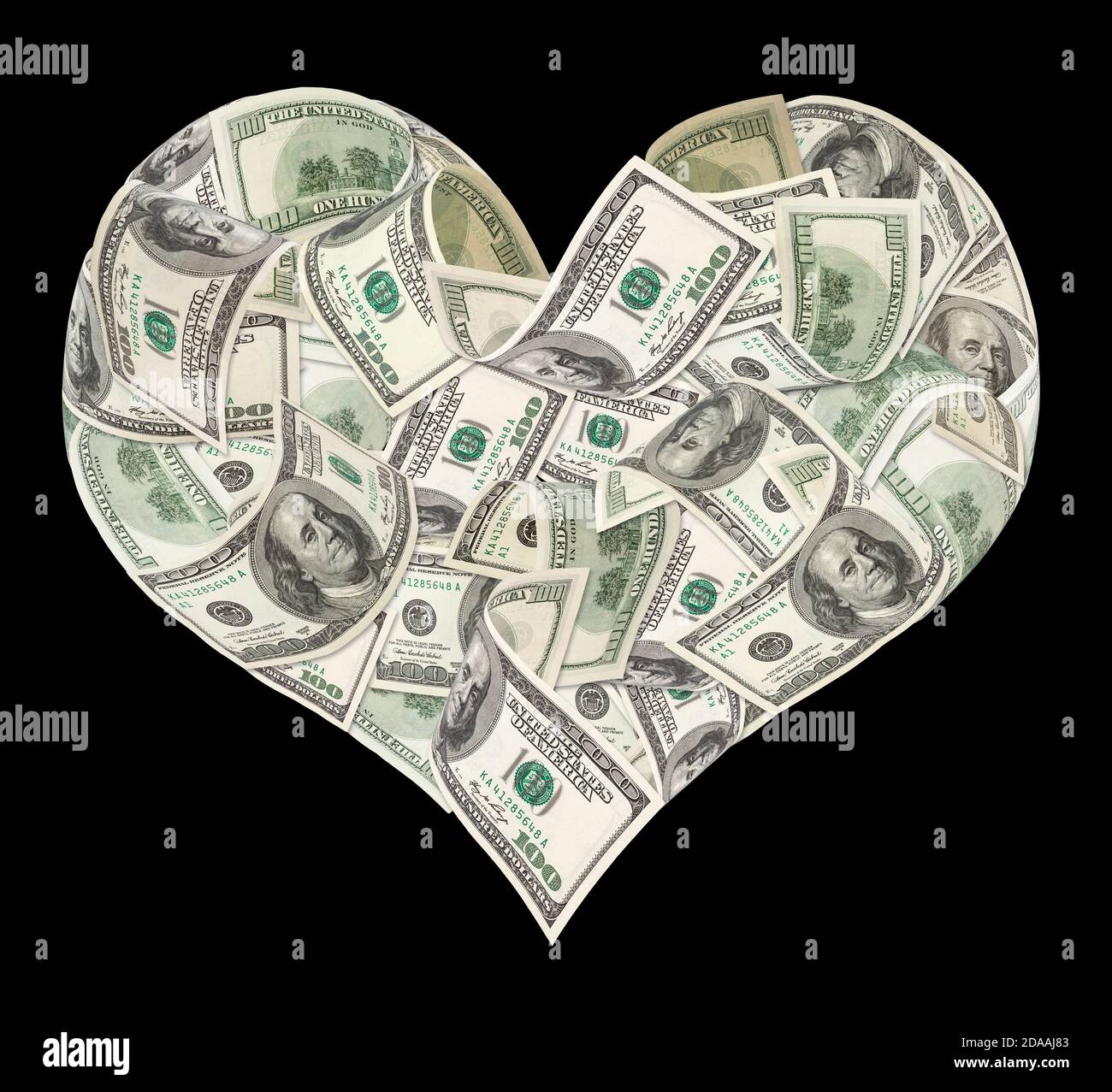 Heart sign made by 100 dollar banknotes isolated on black Stock Photo ...