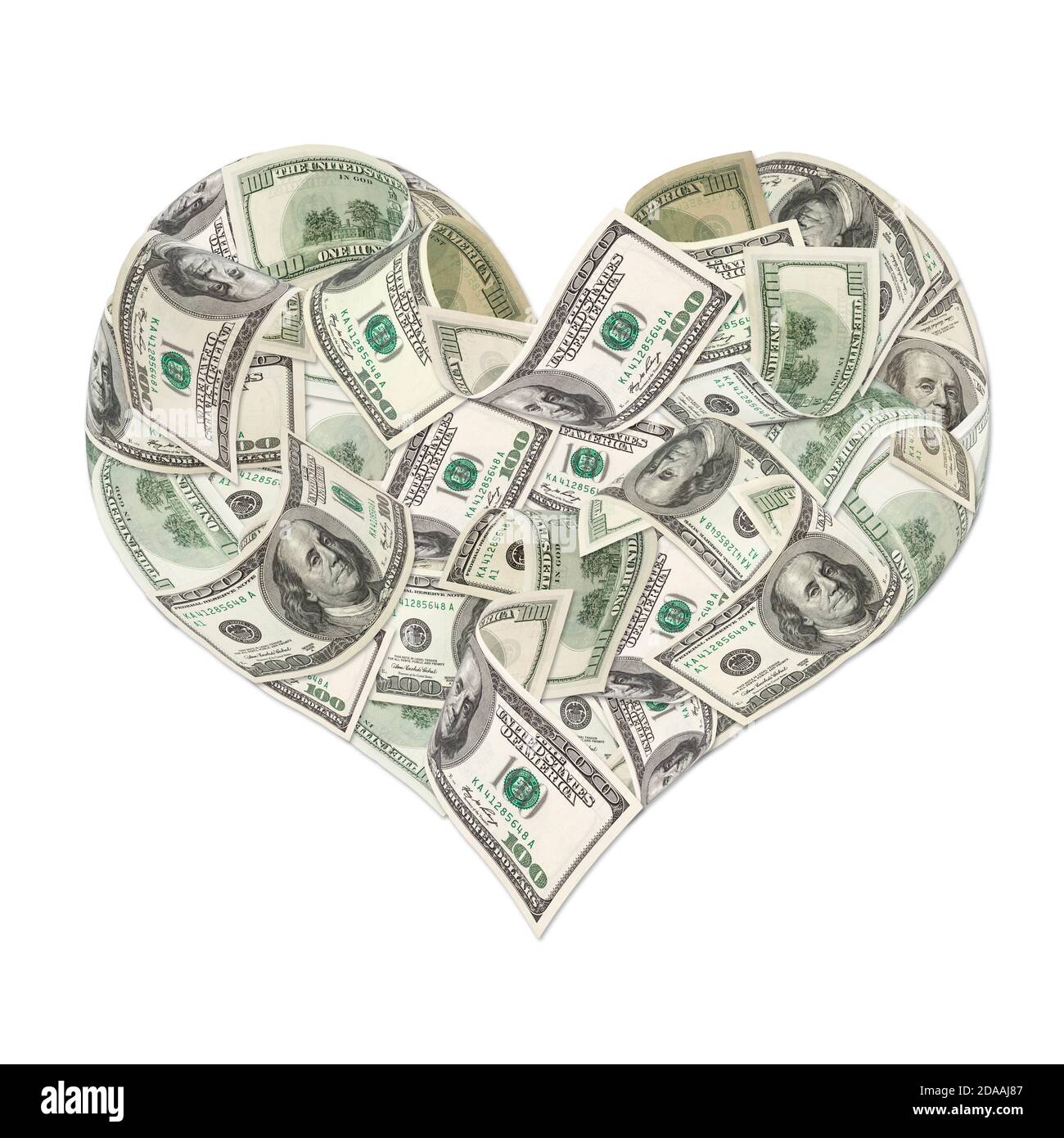 Heart sign made by 100 dollar banknotes isolated on white Stock Photo ...