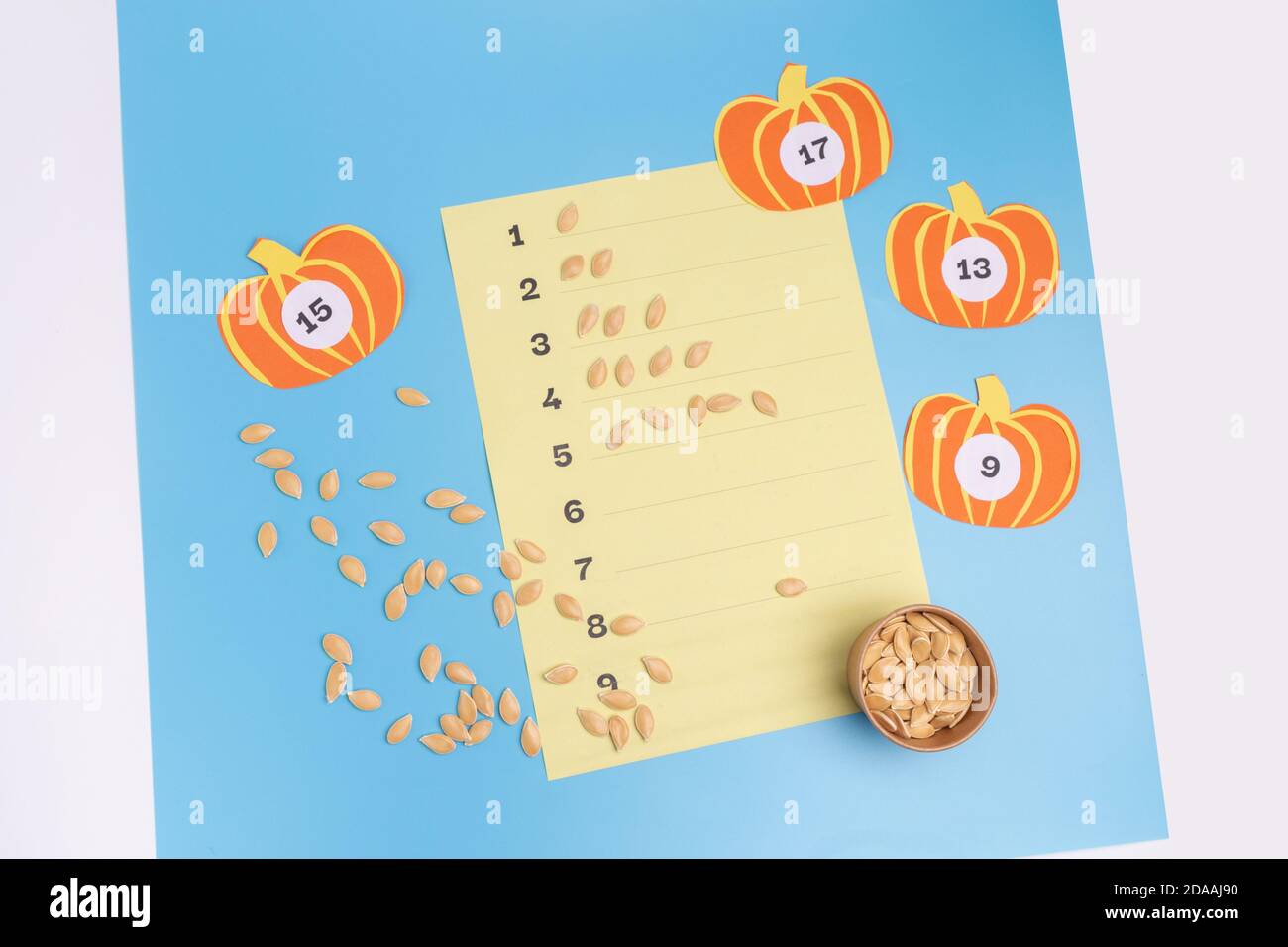 pumpkin character and seeds counting game for kids. Education concept ...