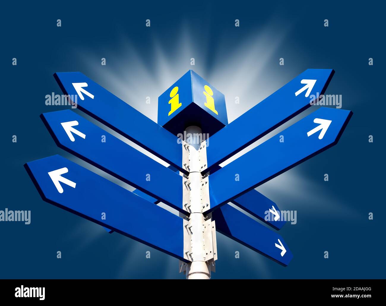 Blank directional road signs on blue background with sun beams Stock ...