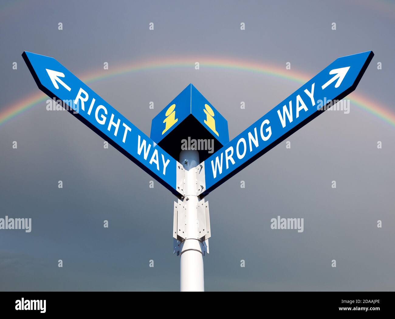 Wrong Way and Right Way Traffic Sign On Rainbow Background Stock Photo ...