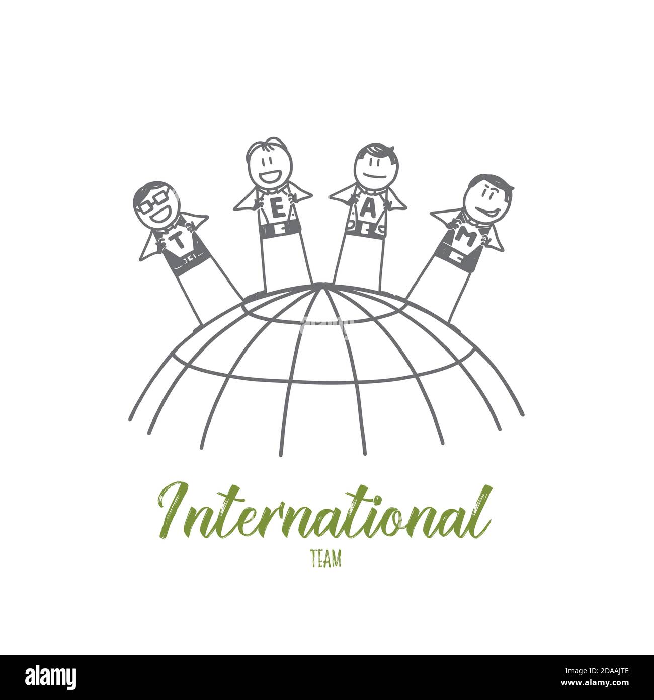 Hand drawn international team standing on globe Stock Vector Image ...