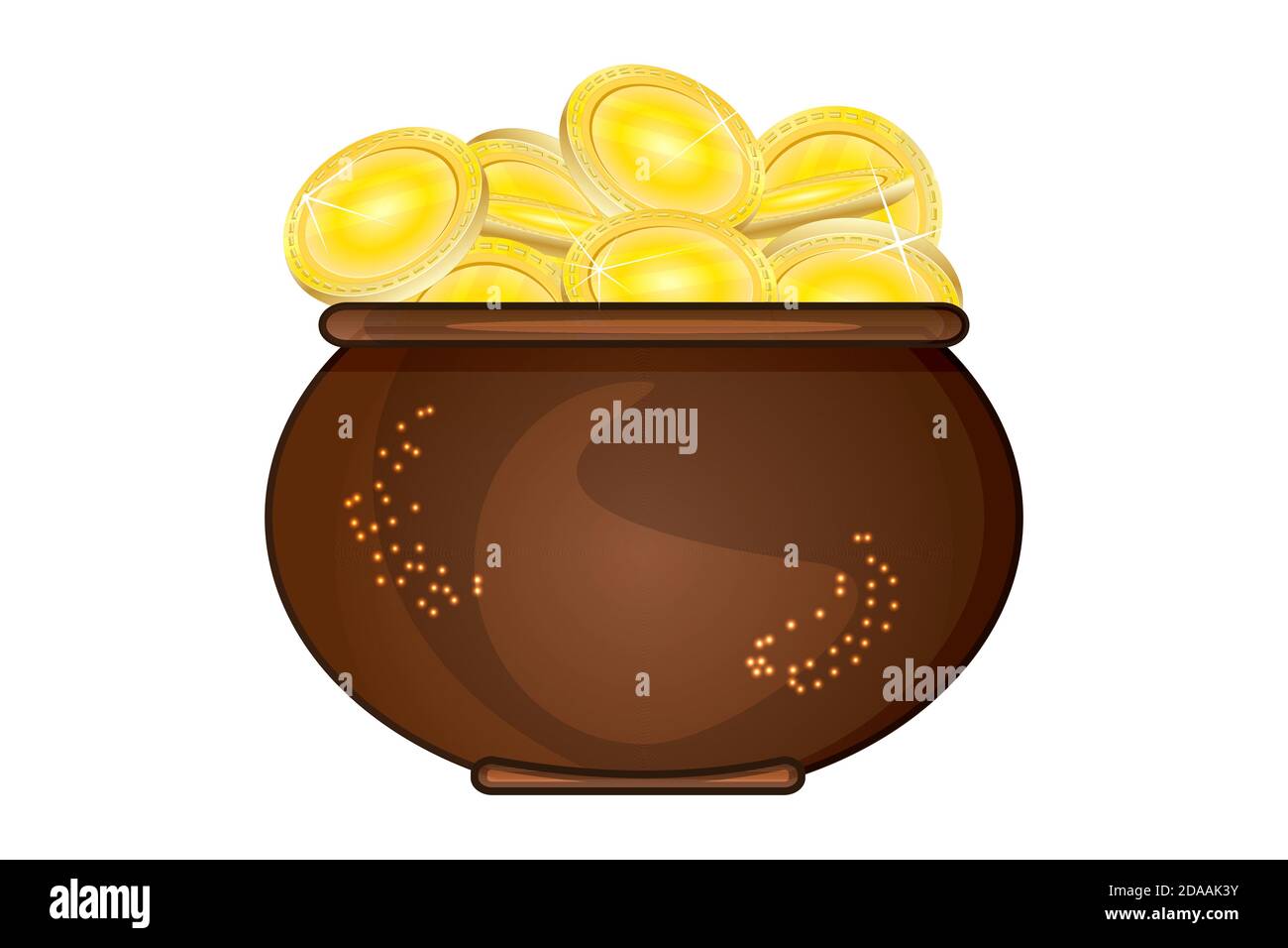 Pot of gold isolated on white background. Brown cauldron full of golden ...