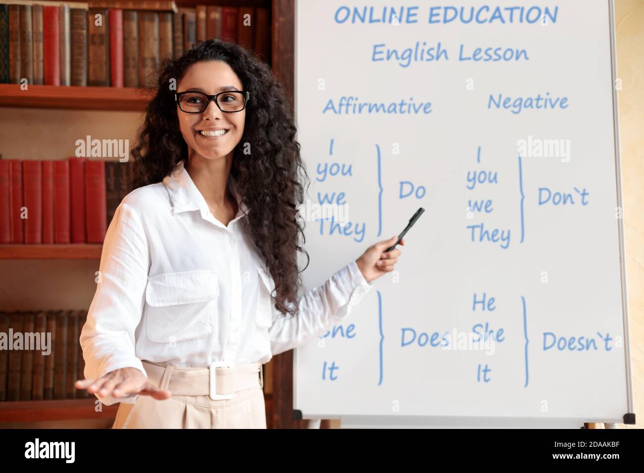 English teacher standing at whiteboard, explaining rules on the board ...