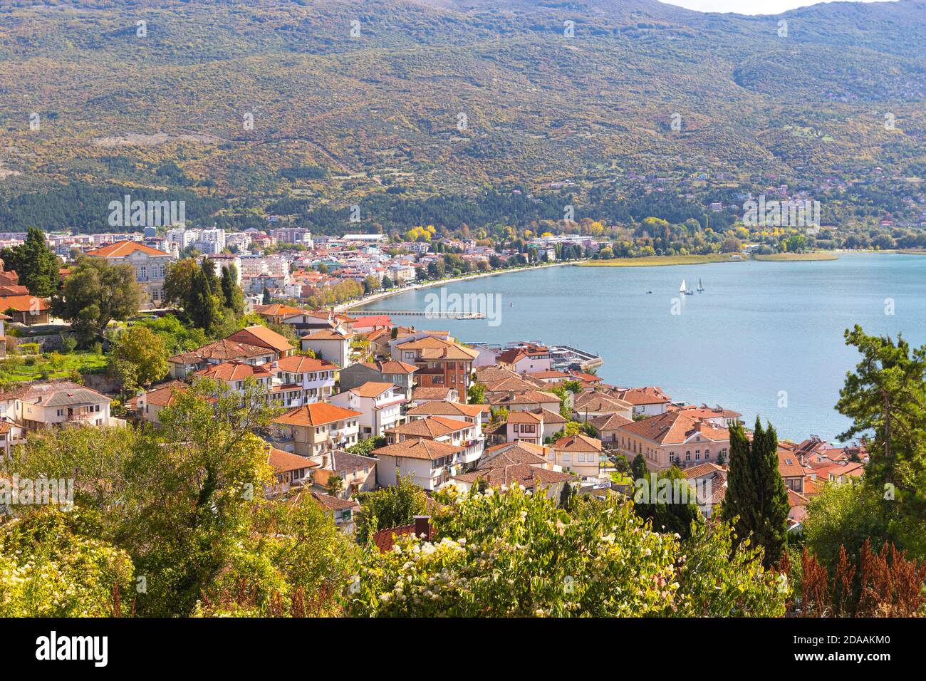 Aerial view of Ohrid old town at Ohrid lake, Ohrid is part of UNESCO's ...