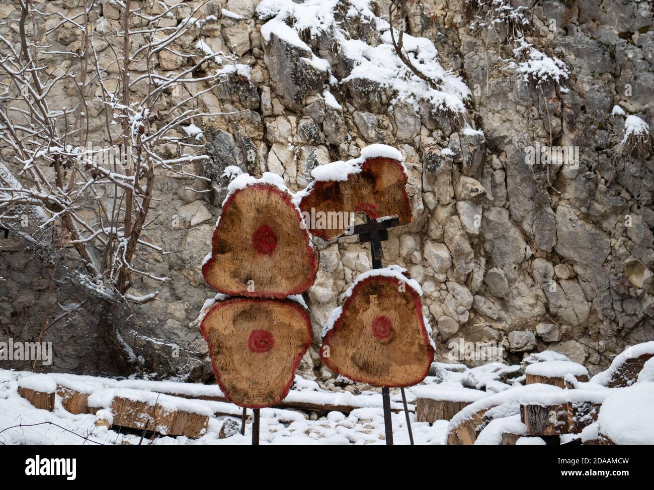 Wood target for throwing axes, winter Stock Photo - Alamy