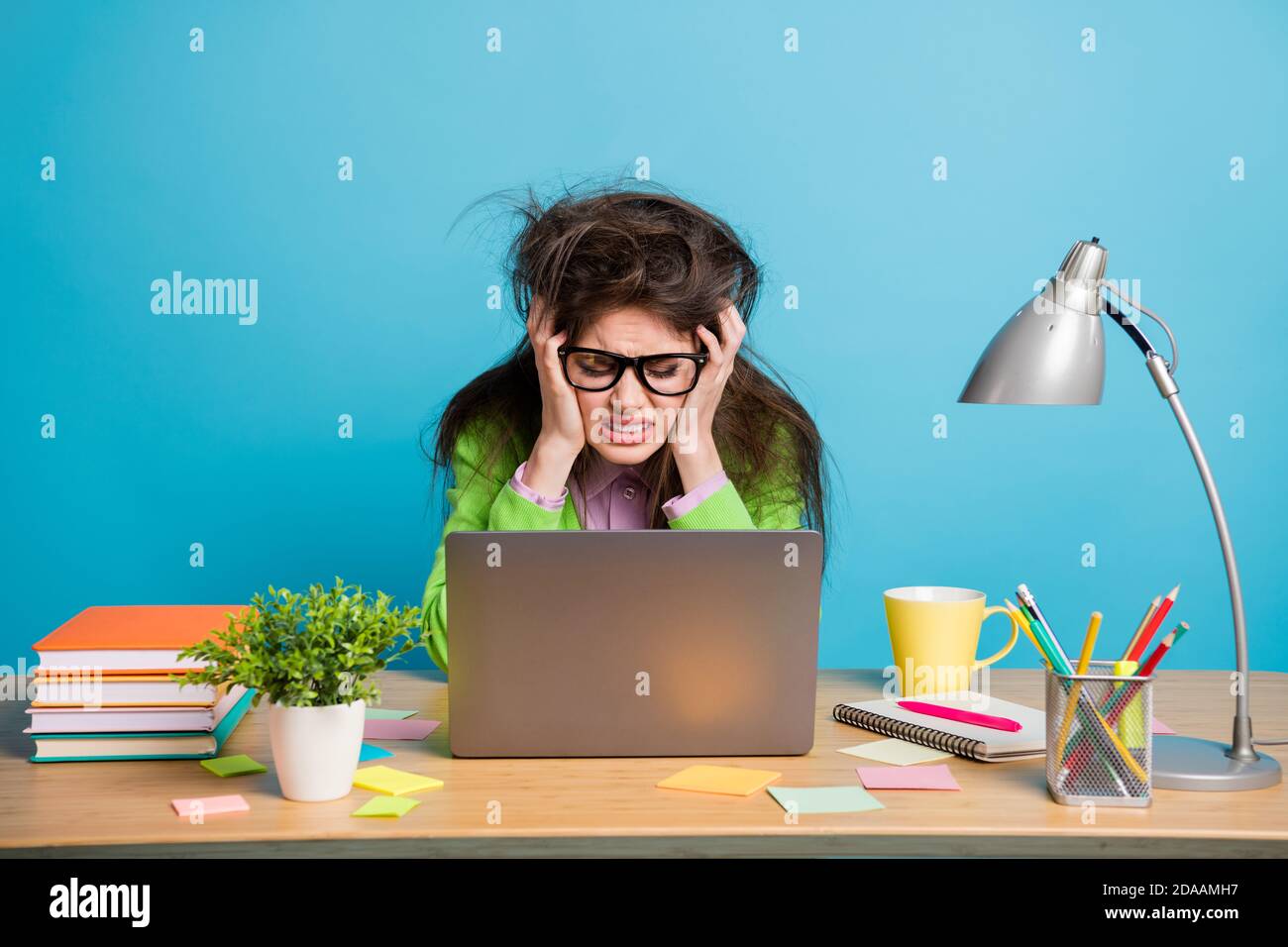 Portrait of her she nice desperate brunette girl working hard doing ...