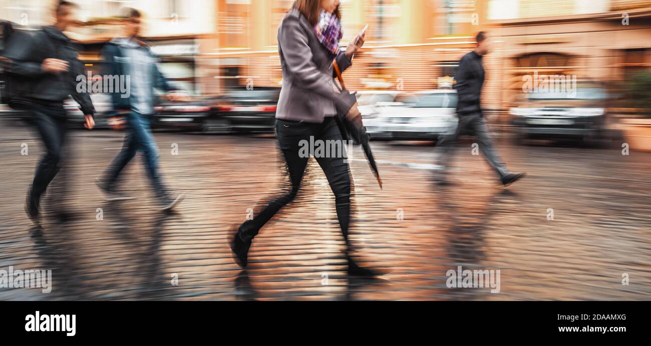 City life concept. People rushing in city. Abstract street scene in ...