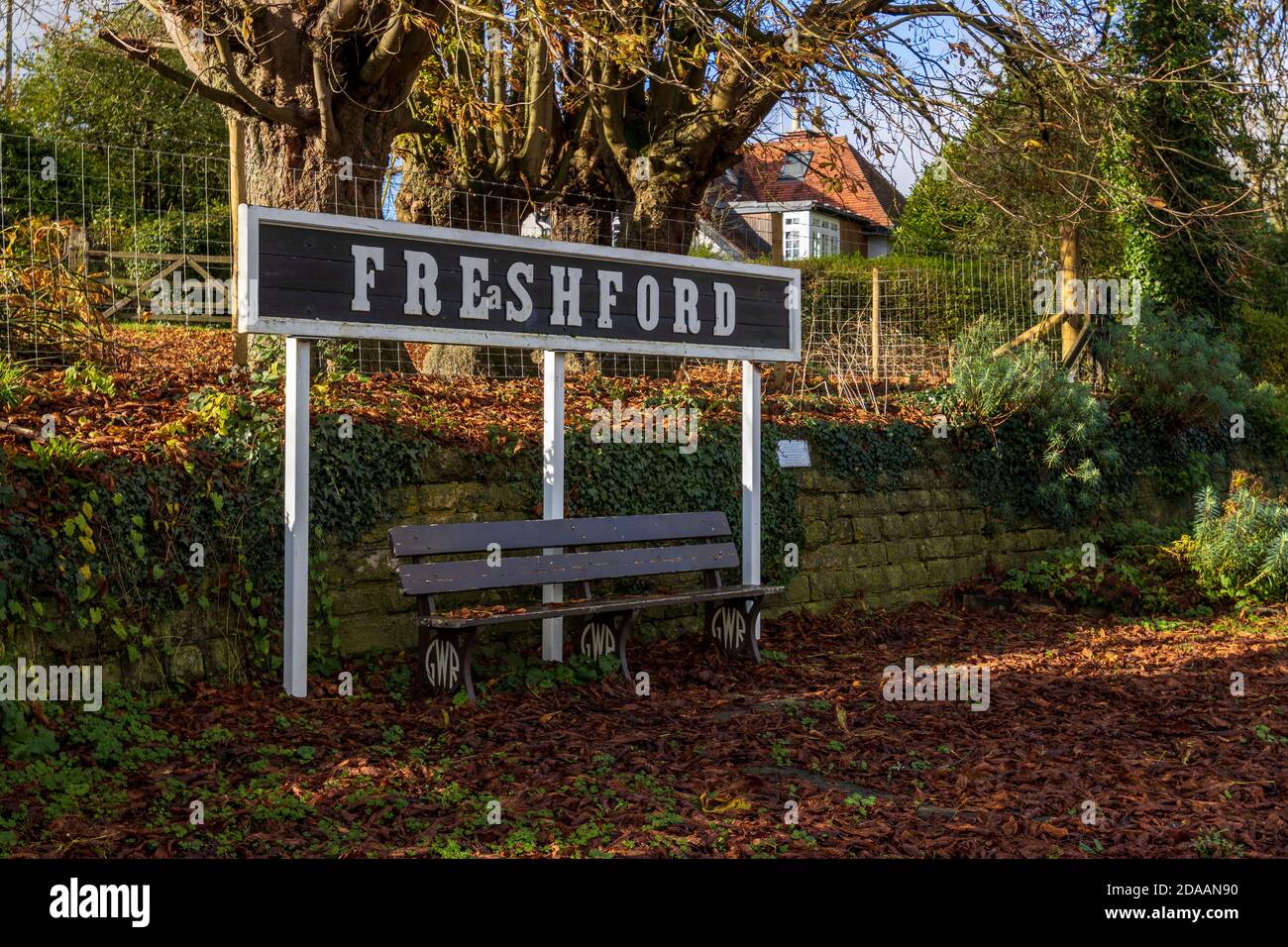 Station name sign and GWR Bench at Freshford Railway Station Stock ...