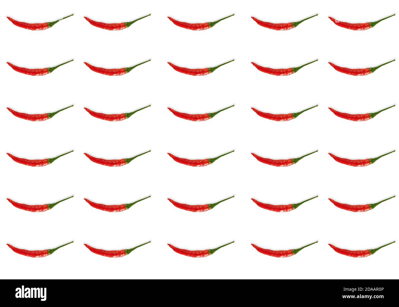 Red chilli pepper pattern, isolated on white background, dewy drops ...