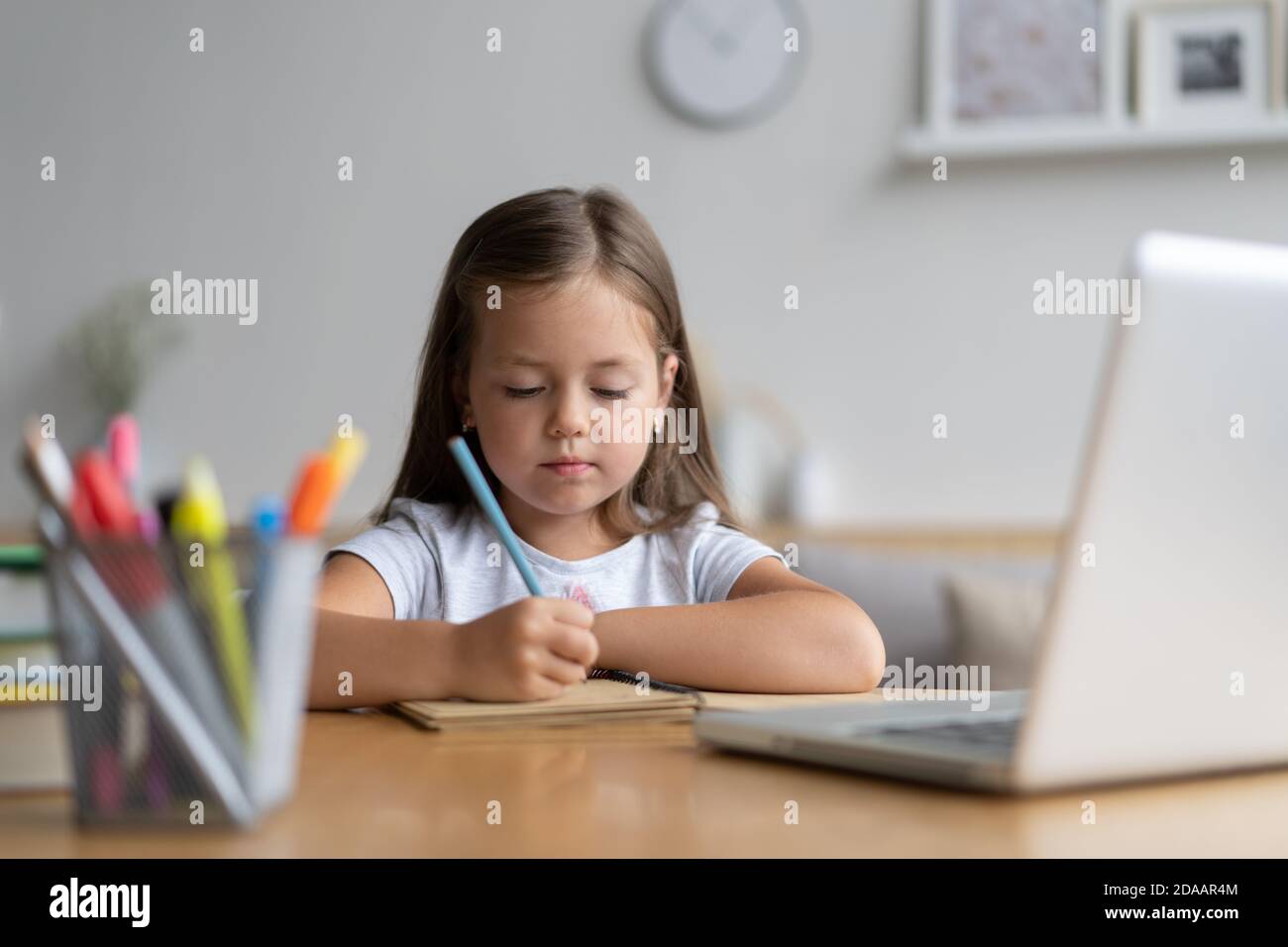 Portrait of happy small pupil learning at home. Smart kid schoolgirl ...