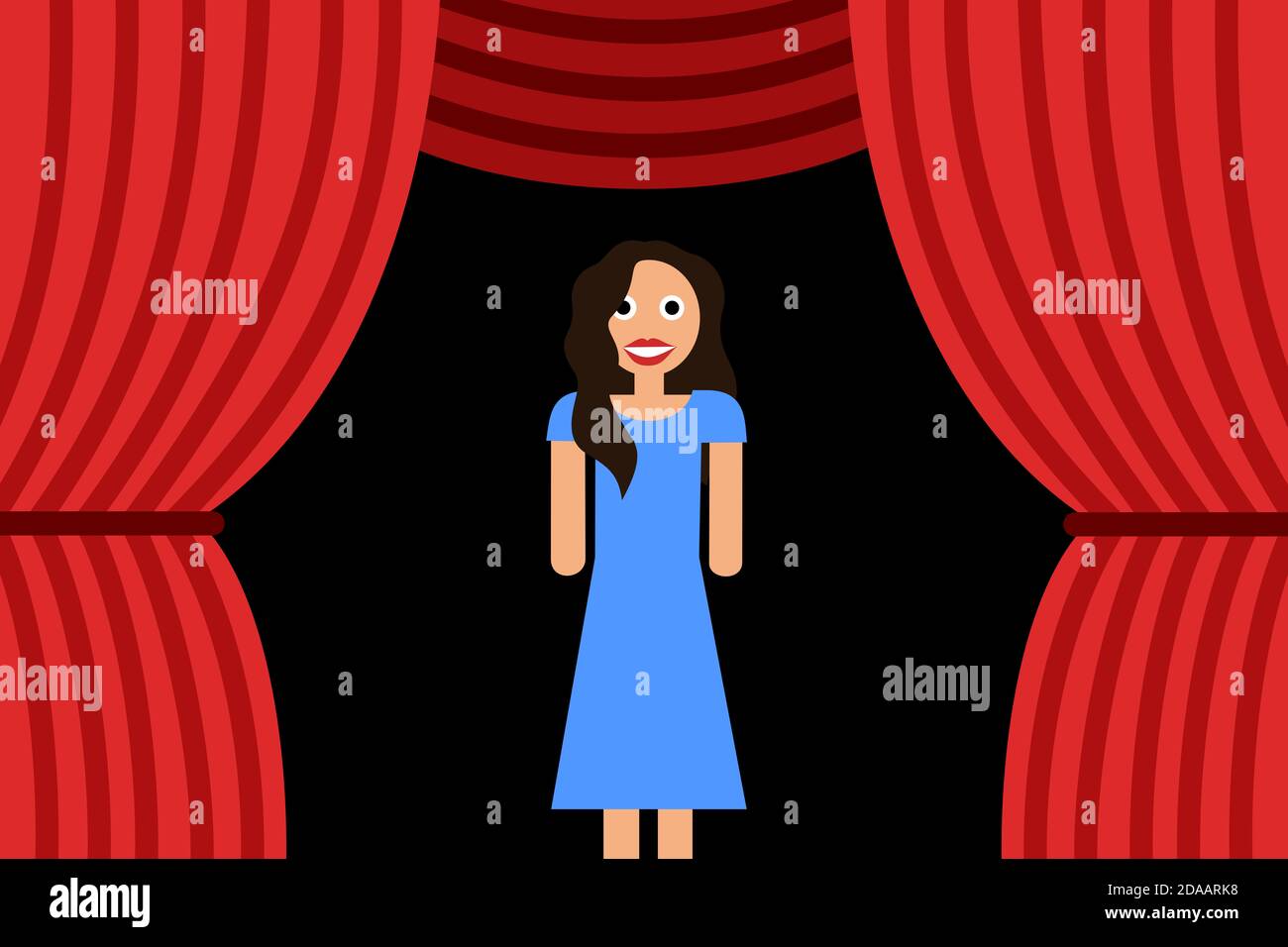 Woman and female is on stage in the theater. Nervous performer and ...
