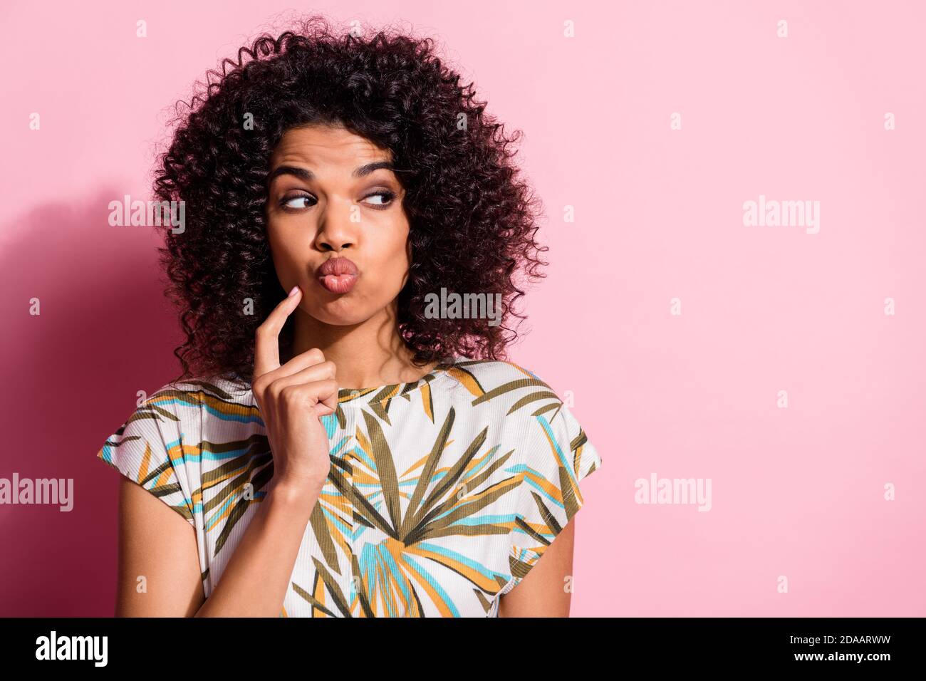 Photo portrait of pouting thoughtful woman touching face cheek with ...