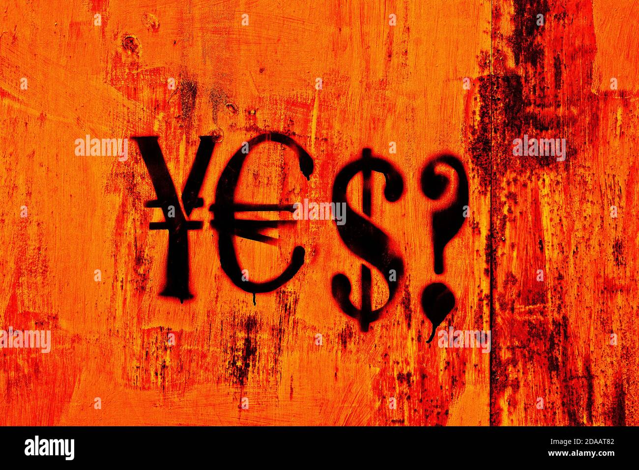 Word yes written by currency symbols dollar, euro and yen on wall with ...