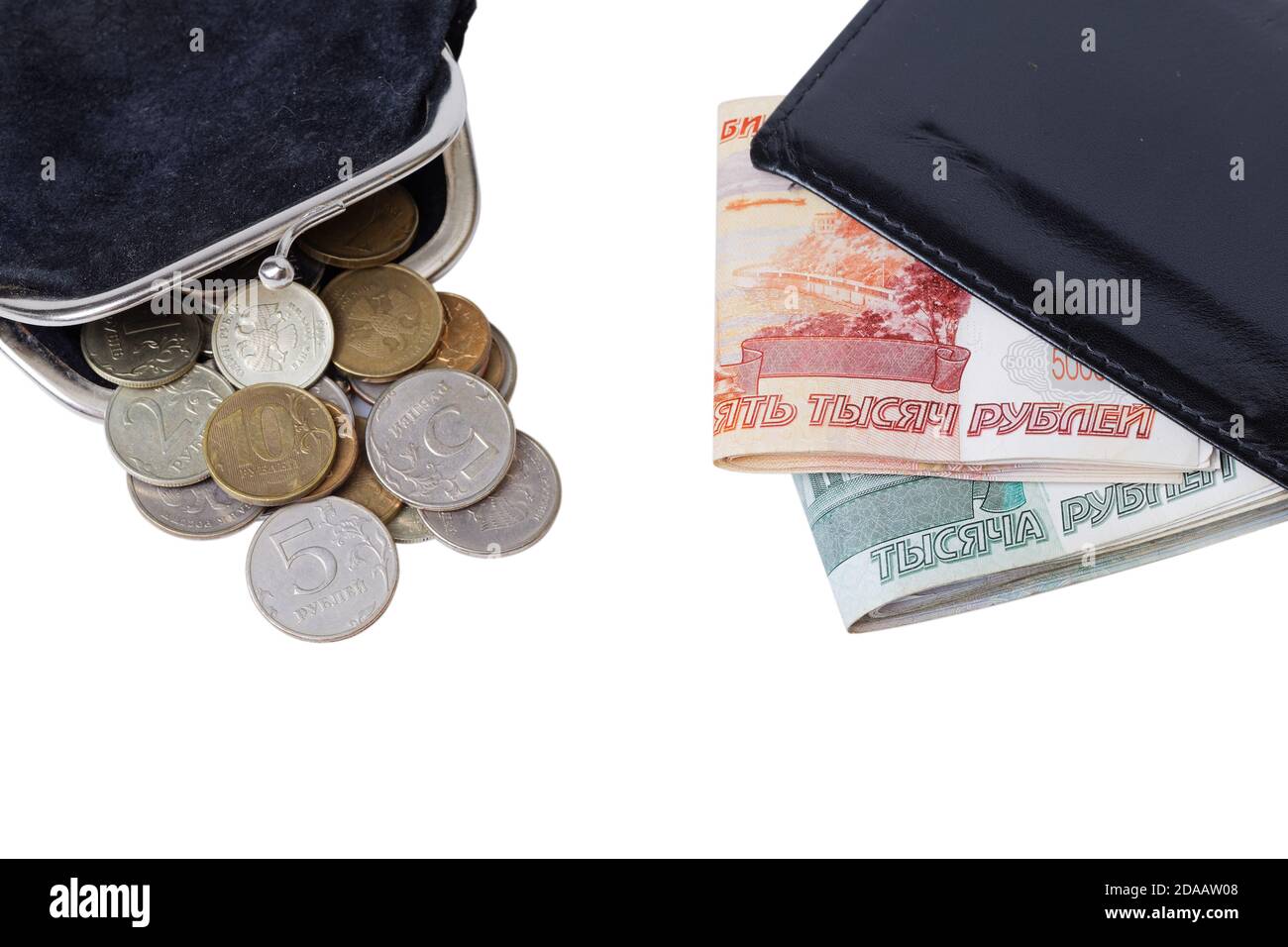Purse with coins and wallet with cash isolated on white Stock Photo - Alamy