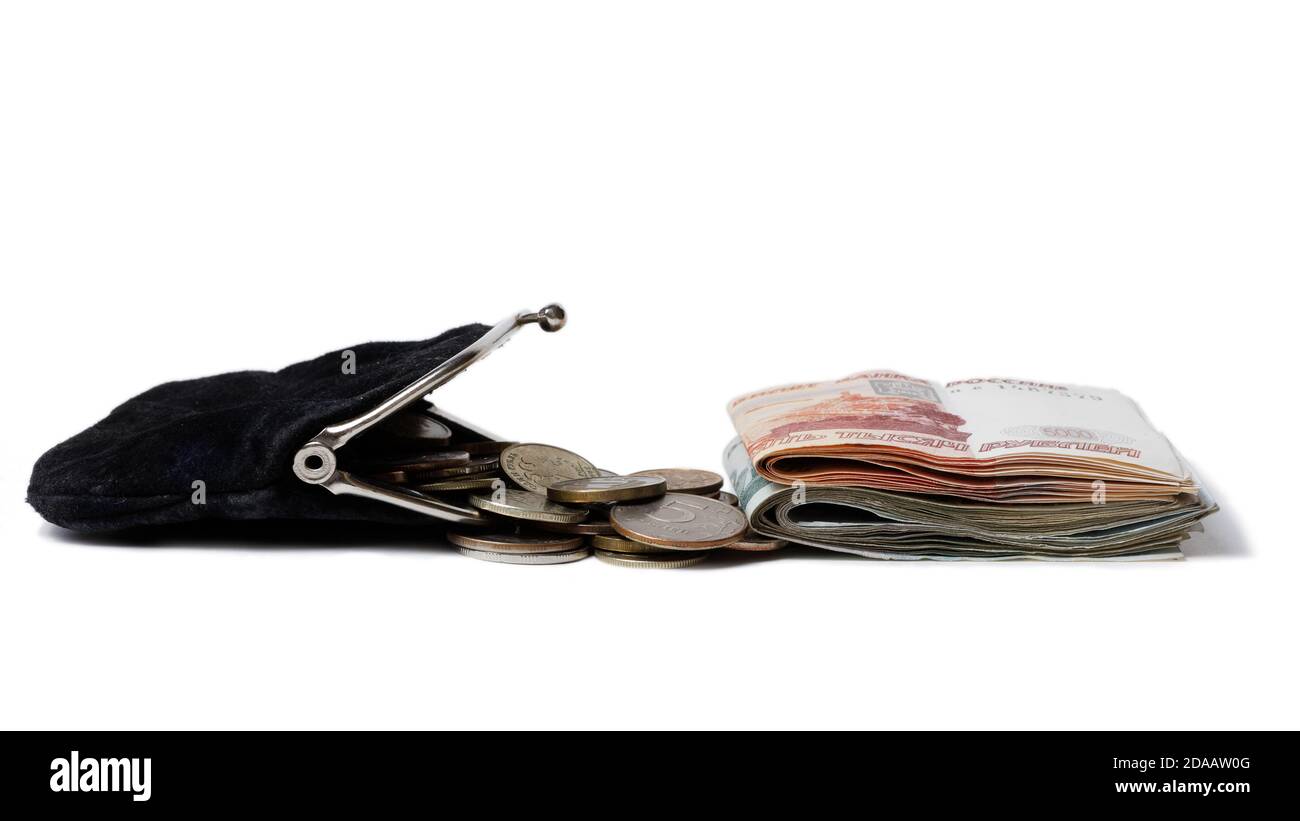 Purse with coins and wallet with cash isolated on white Stock Photo - Alamy