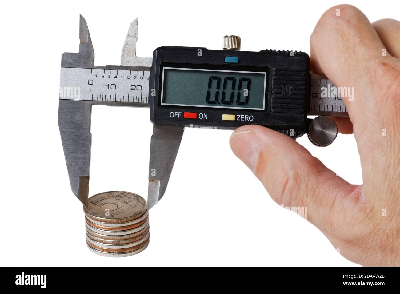Stack of coins measured with a caliper in mans hand. Isolated on white ...