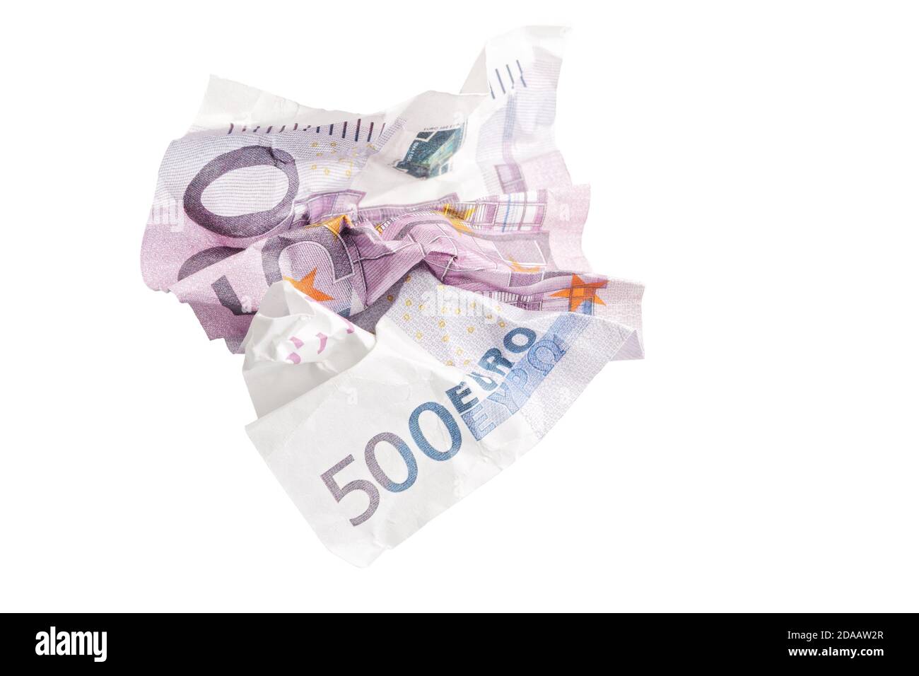 Closeup crumpled banknote of 500 euros isolated on white background ...