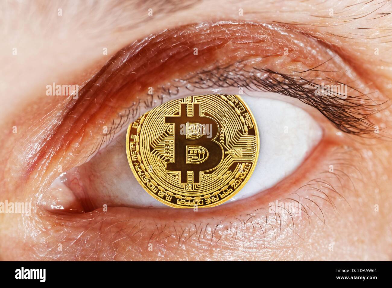 Macro detail photo of open human eye with coin bitcoin instead of pupil ...