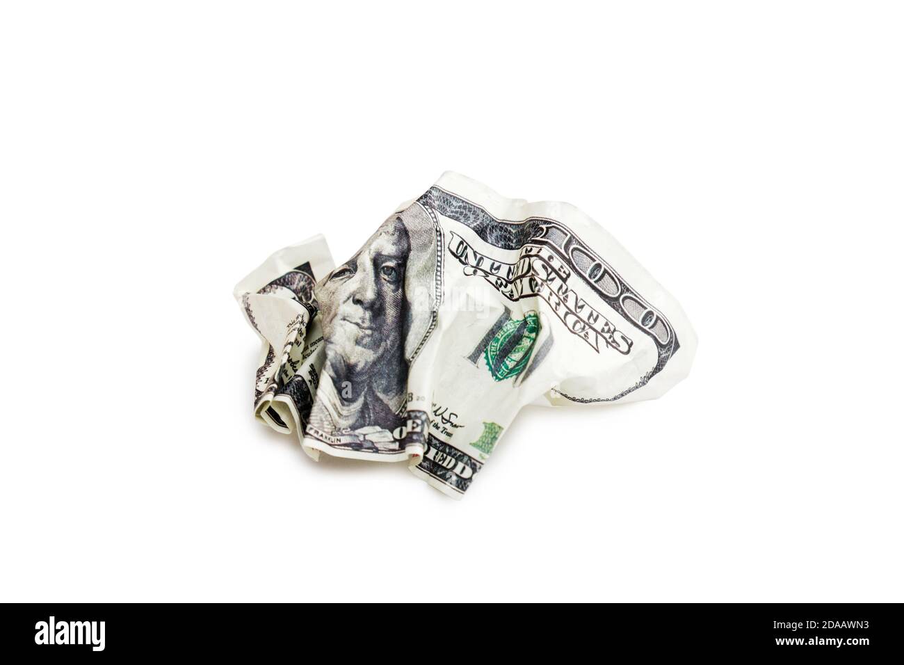 Closeup crumpled banknote of 100 dollars isolated on white background ...
