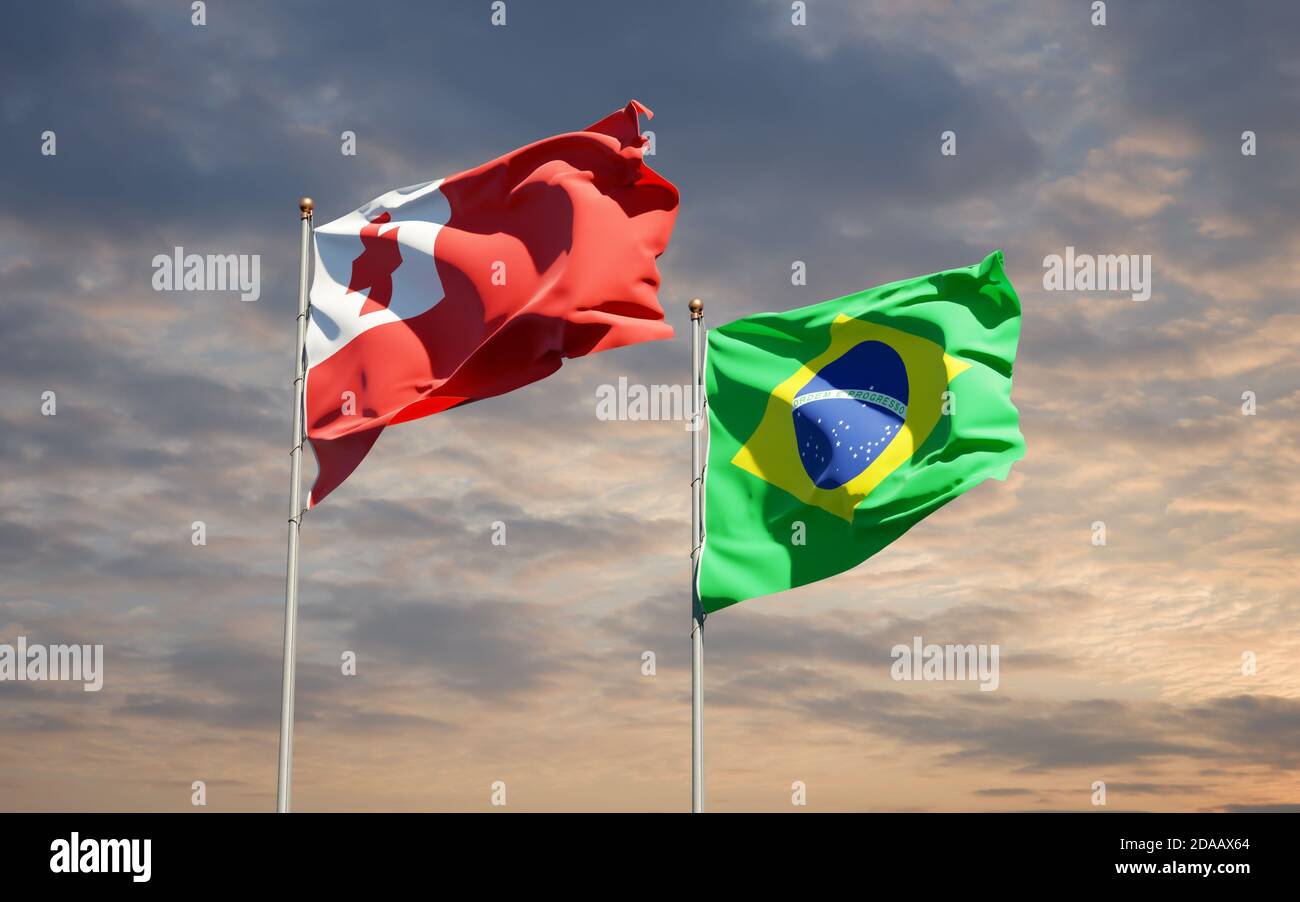 Beautiful national state flags of Tonga and Brasil together at the sky ...