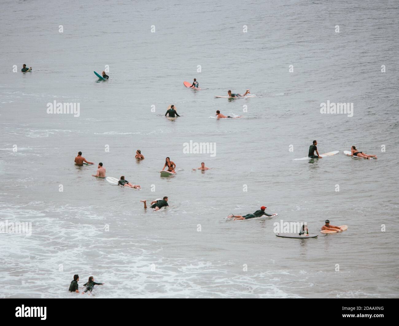 A crowded Australian beach, A sea full of surfers and swimmers Stock ...
