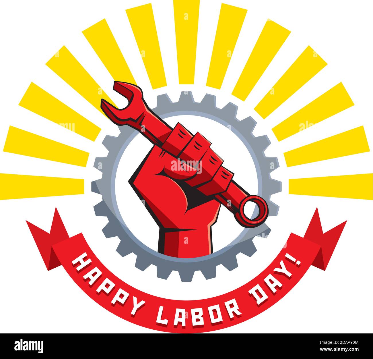 Happy labor day poster. A clenched fist with wrench on the background ...